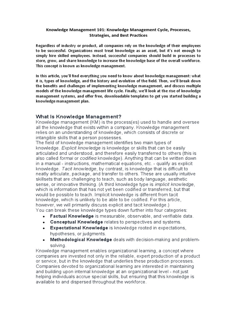Knowledge Management 101 | PDF | Knowledge Management | Tacit Knowledge