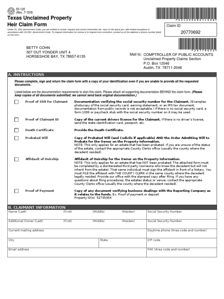 Texas Heir Claim Form for Unclaimed Property | PDF | Affidavit | Social ...