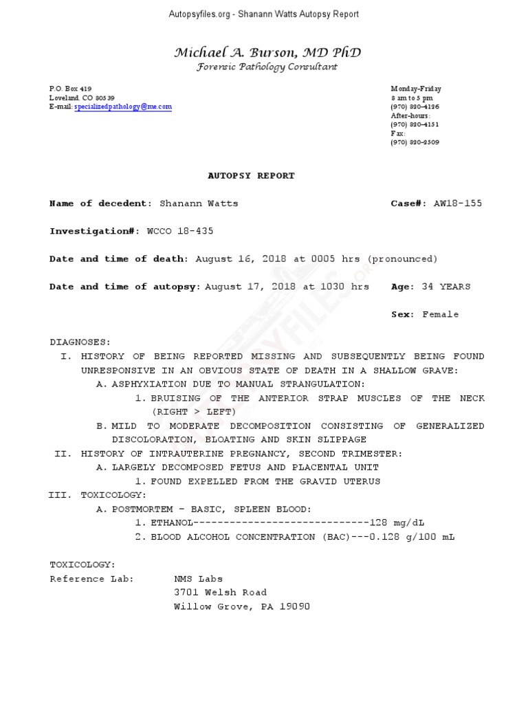 Shanann Watts Autopsy Report Reveals Cause of Death | PDF | Autopsy ...