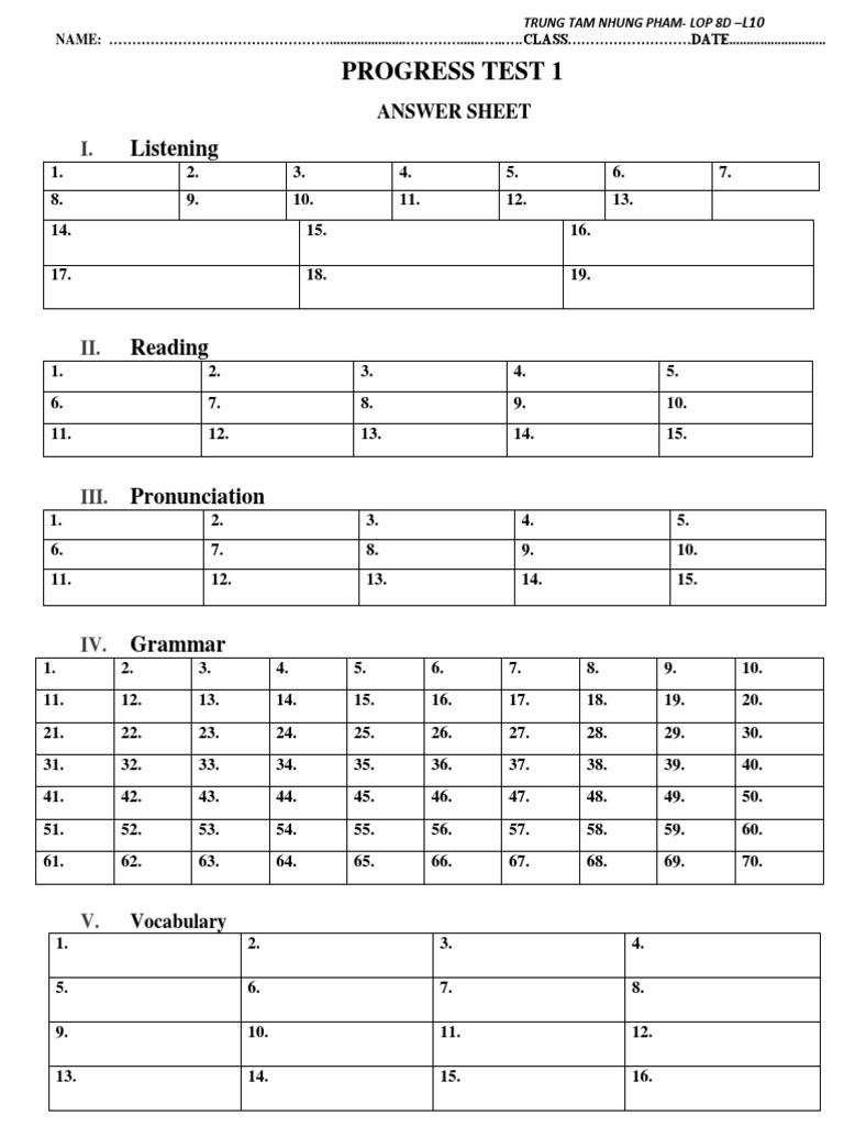 L10-Progress Test 1 - ANSWER SHEET - FOR STUDENTS | PDF | Applied ...