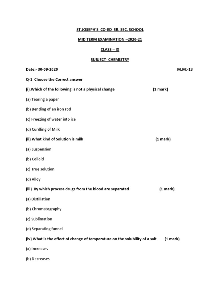 9th CHEMISTRY - MID TERM EXAM | PDF | Solution | Chemical Processes 9th CHEMISTRY - MID TERM EXAM | PDF | Solution | Chemical Processes