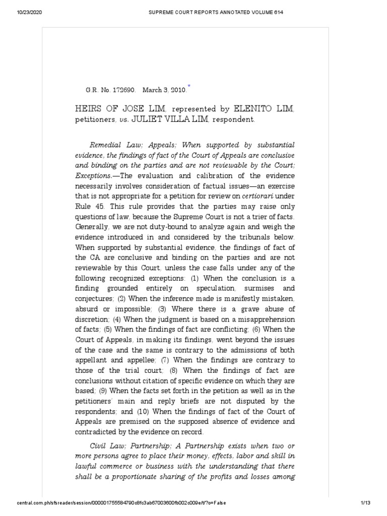 Heirs of Jose Lim VS Juliet Villa Lim | PDF | Burden Of Proof (Law ...