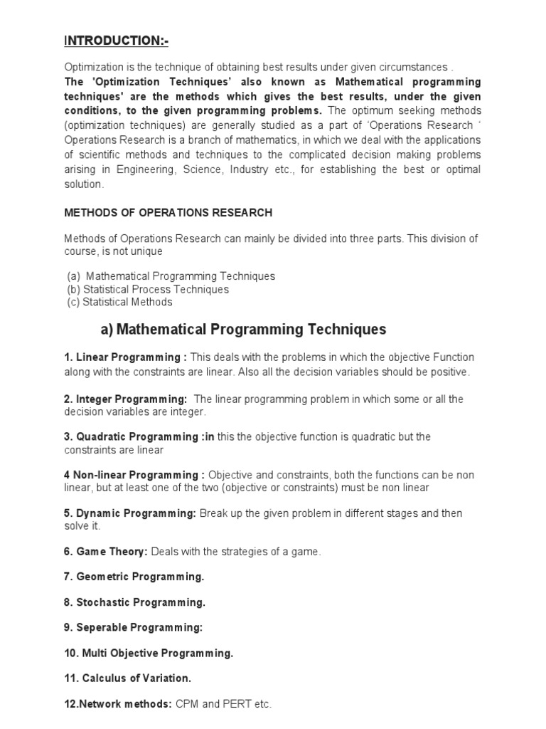 A Mathematical Programming Techniques I Ntroduction Pdf Mathematical Optimization Linear