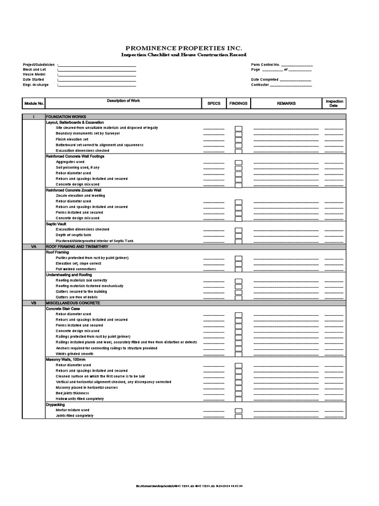 Prominence Properties Inc.: Inspection Checklist and House Construction ...