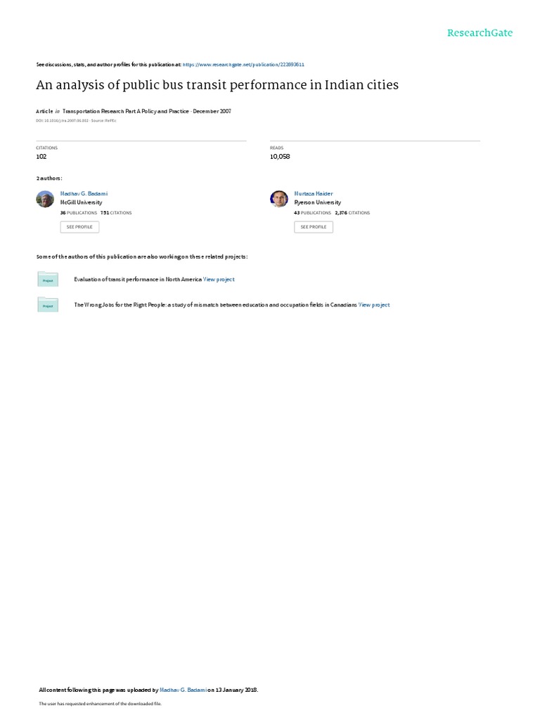 An Analysis of Public Bus Transit Performance in Indian Cities | PDF ...