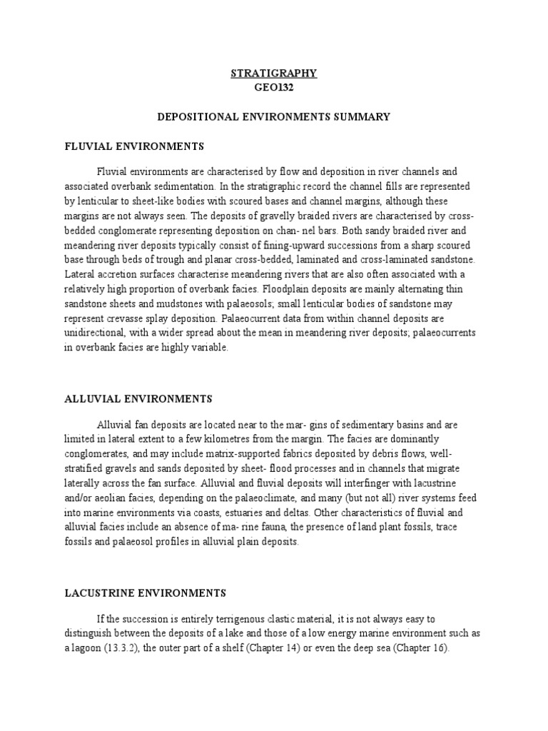 Stratigraphy GEO132 Depositional Environments Summary Fluvial Environments | PDF | River Delta ...