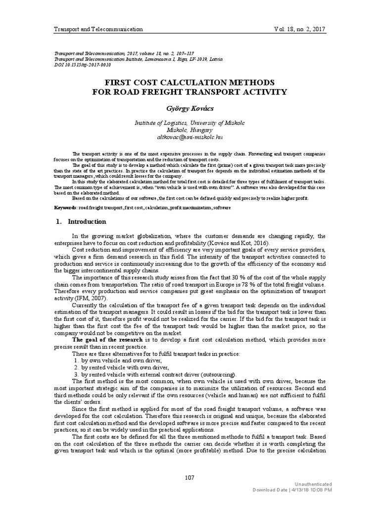 First Cost Calculation for Road Freight | PDF | Transport | Profit ...