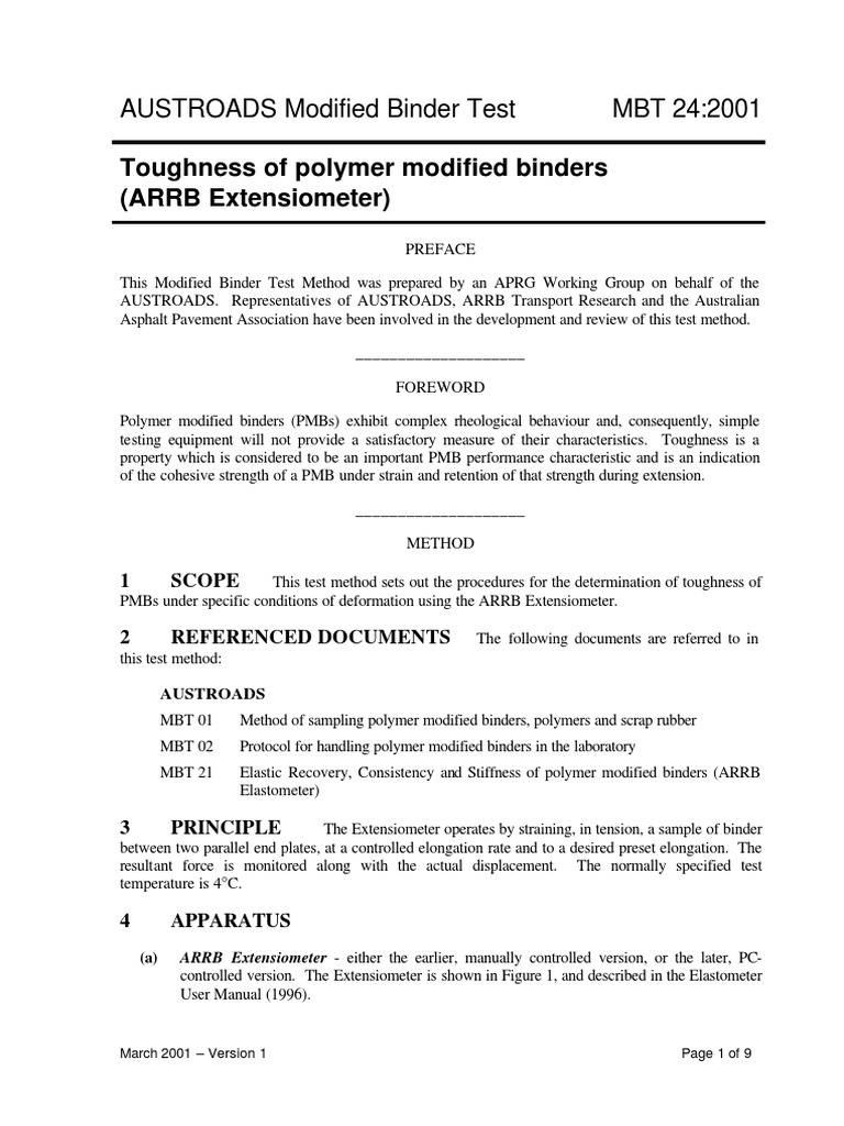 Toughness of Polymer Modified Binders (ARRB Extensiometer) : AUSTROADS ...
