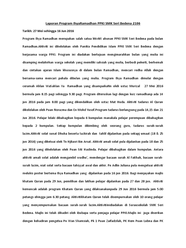 Laporan Program Ihya Ramadhan PPKI SMK Seri Bedena 2106 | PDF