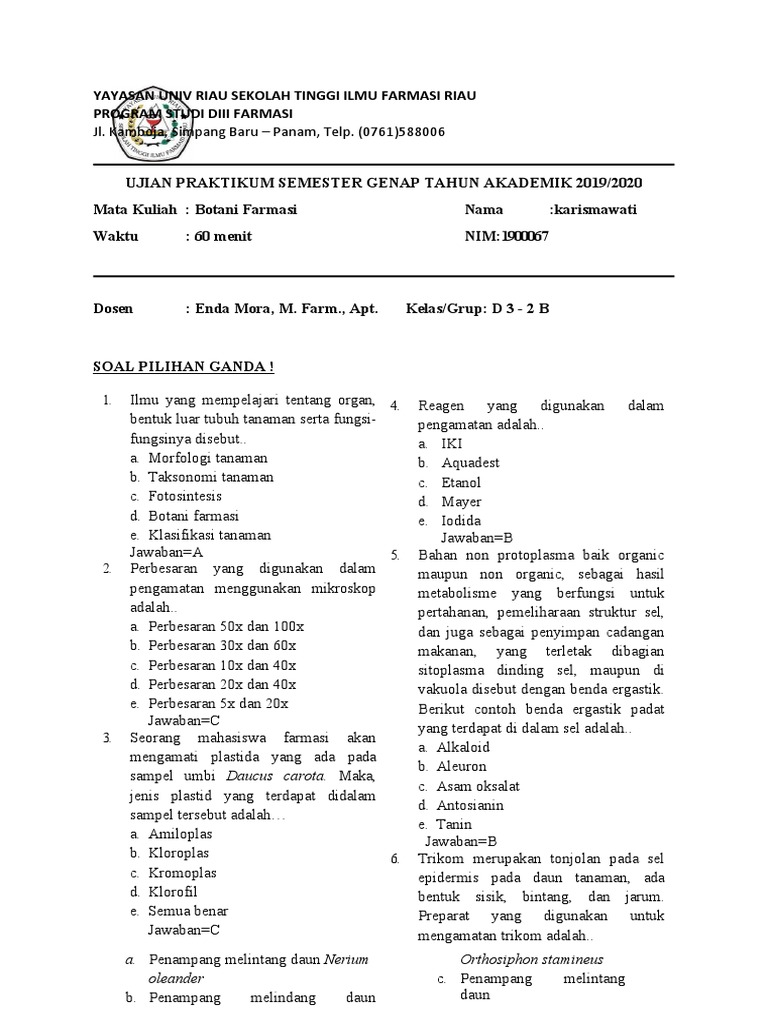 UAS PRAKTIKUM BOTANI-Karismawati-1900067-D3-2B | PDF