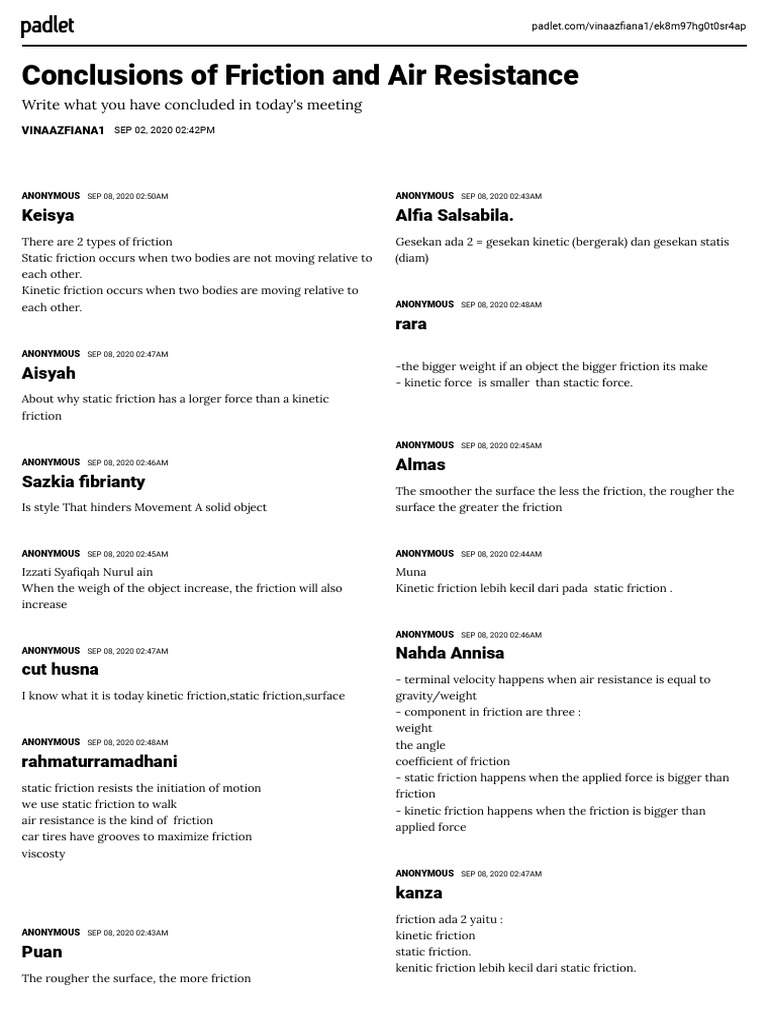 Conclusions of Friction and Air Resistance Padlet | PDF | Friction ...