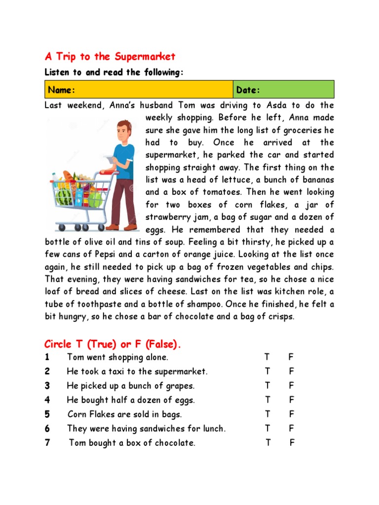 A Trip To The Supermarket Reading Comprehension Exercises - 110882 | PDF