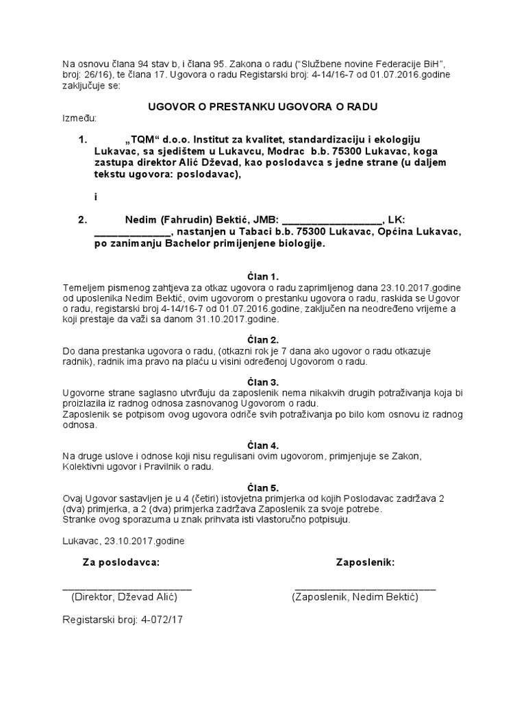 4-072-17 Raskid Ugovora Radu - Nedim Bektić | PDF