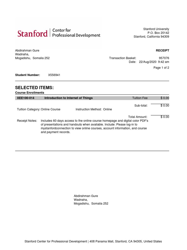 Stanford Center For Professional Development Receipt | PDF | Receipt ...
