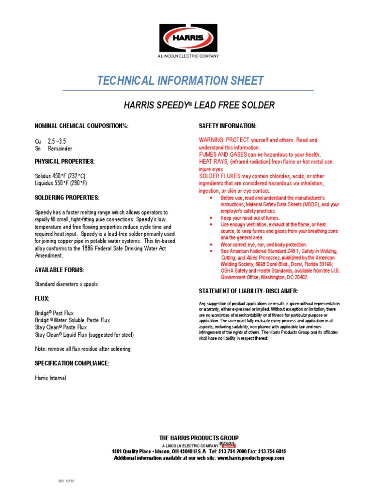 Technical Information Sheet: Harris Speedy Lead Free Solder | PDF ...