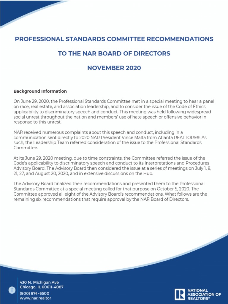 Professional Standards Committee Recommendations To The Nar Board of ...