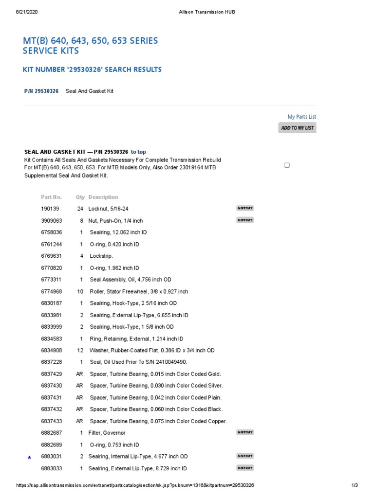 Allison MT643 Servic Kit | PDF | Washer (Hardware) | Motor Vehicle