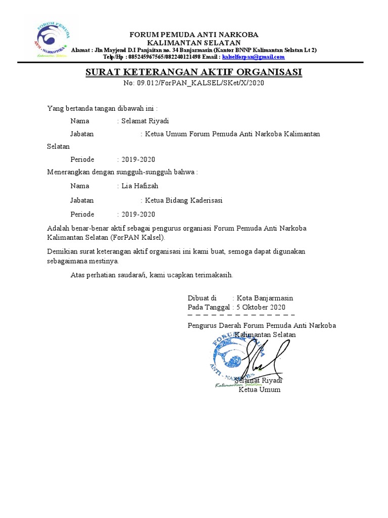 Surat Keterangan Aktif ForPAN Kalsel | PDF | Gaya Hidup