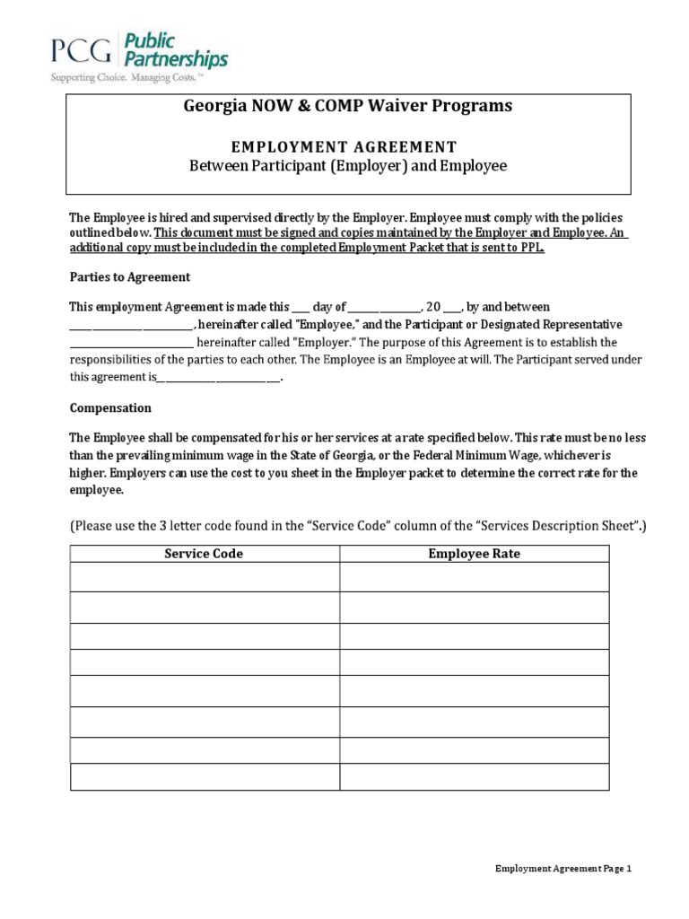 Georgia NOW & COMP Waiver Programs: Employment Agreement Between ...