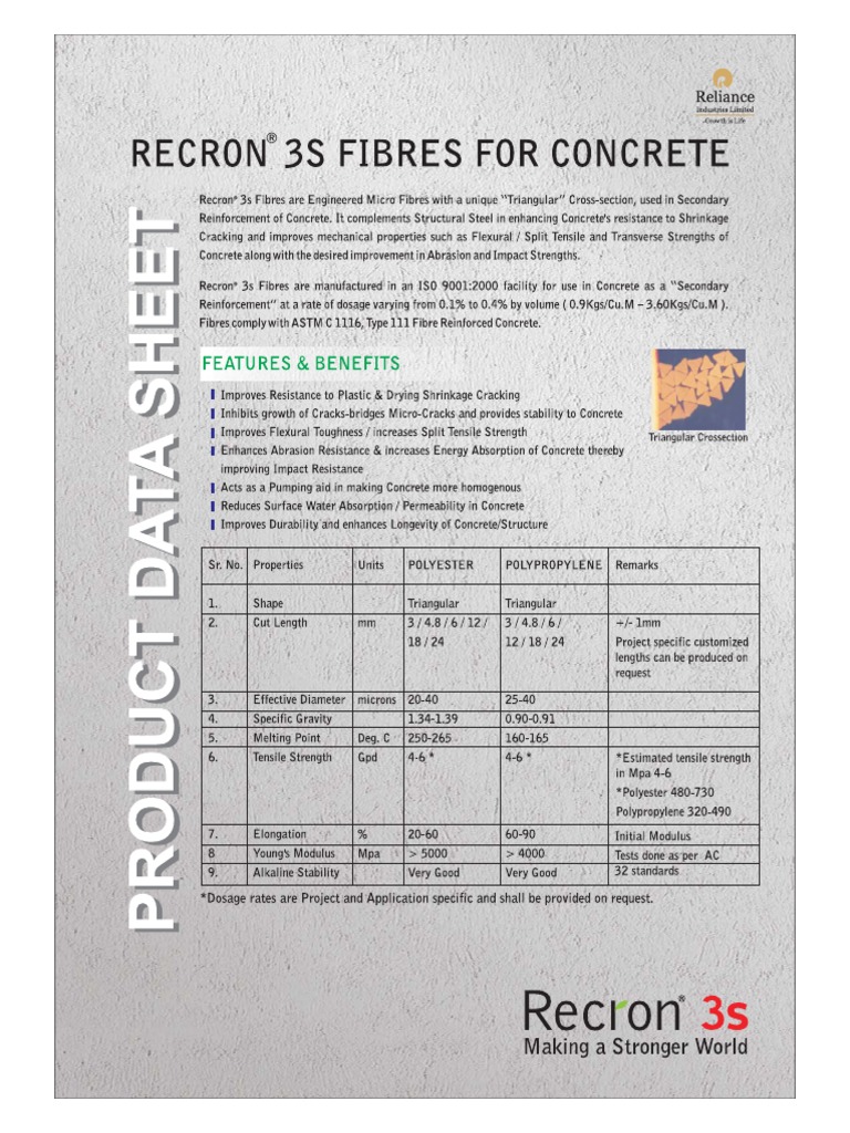 Recron 3S Fibres For Concrete - Data Sheet | PDF