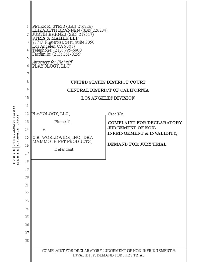 Playology v. C.B. Worldwide - Complaint | PDF | Declaratory Judgment ...