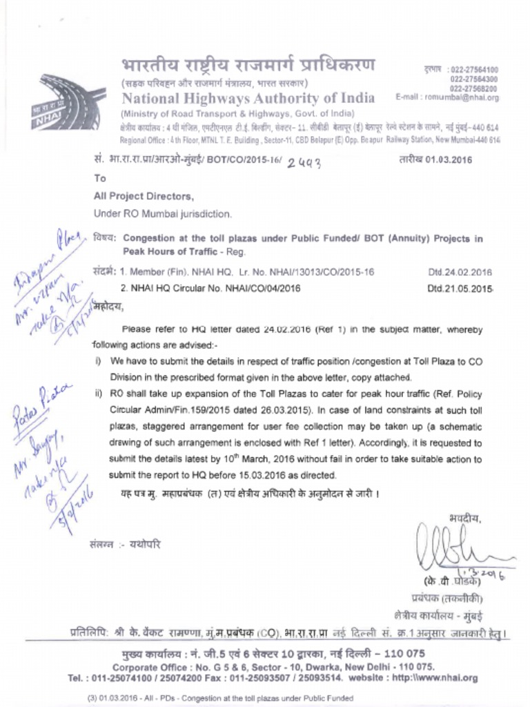 NHAI - Circular - Traffifc Congestion | PDF