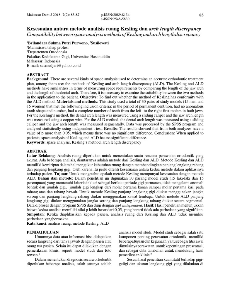 Compatibility Between Space Analysis Methods of Kesling and Arch Length ...