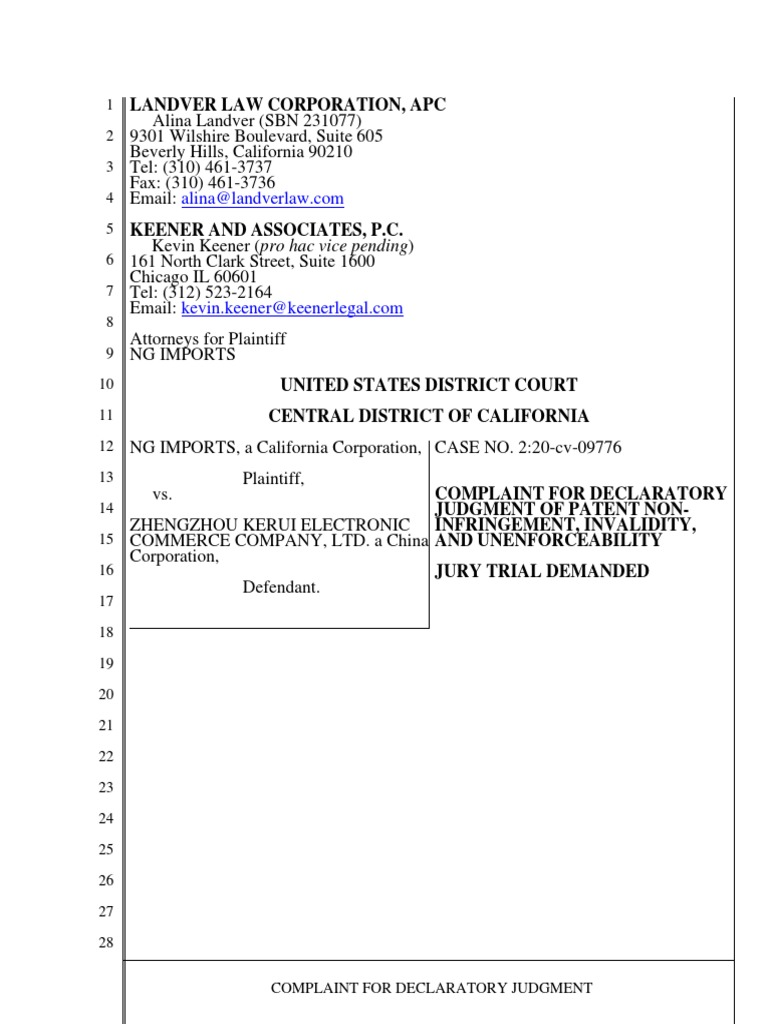 NG Imports v. Zhengzhou Kerui Elec. Comm. Co. - Complaint | PDF ...