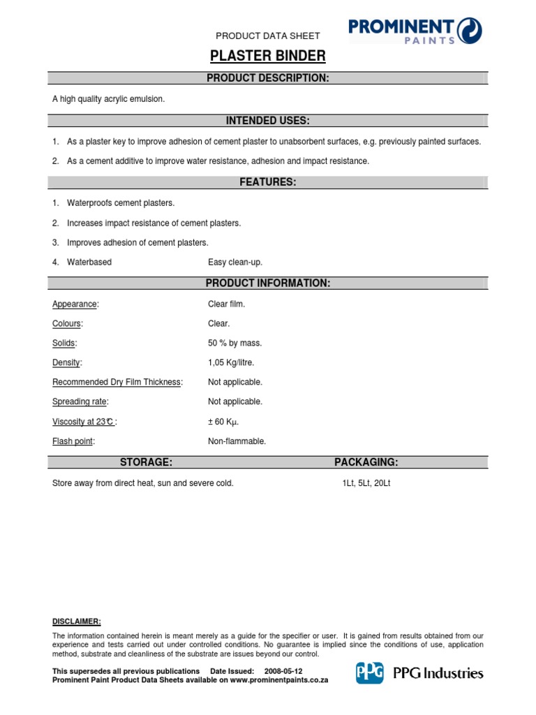 Plaster Binder: Product Description | Download Free PDF | Plaster | Paint