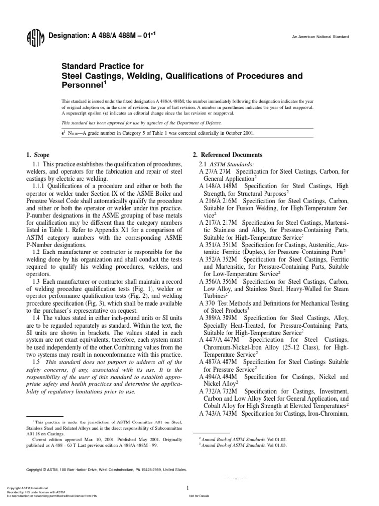 ASTM A 488-01 Standard Practice For Steel Castings, Welding ...