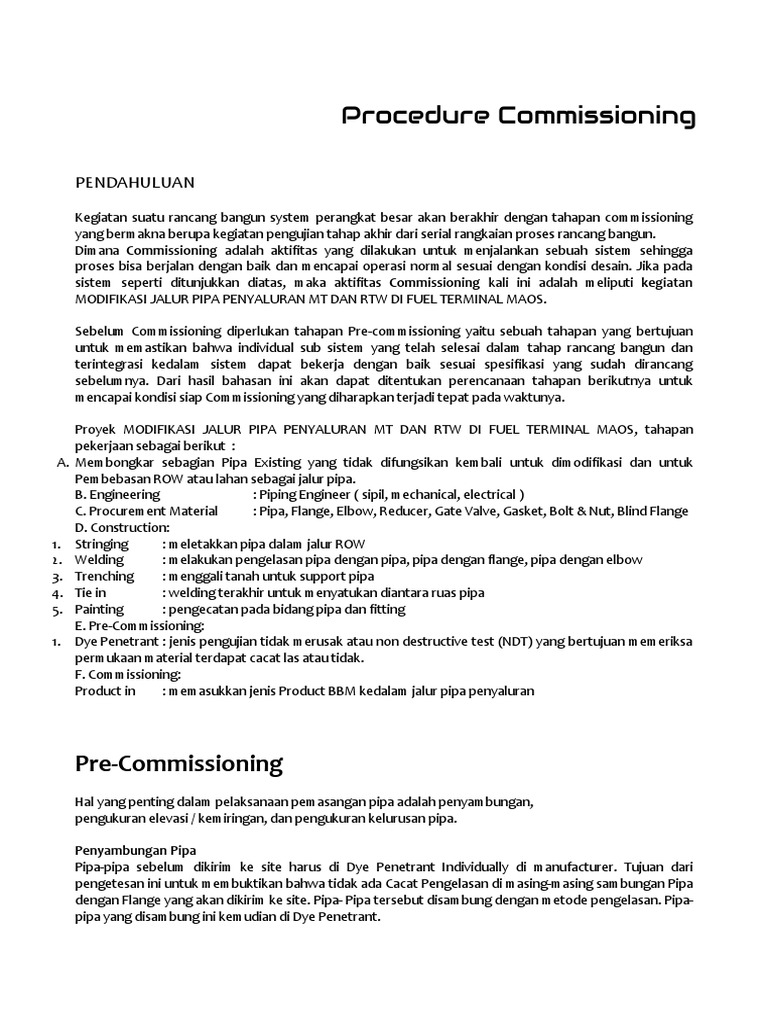 Prosedur Commisioning Jalur Pipa MT & RTW 2 PDF | PDF