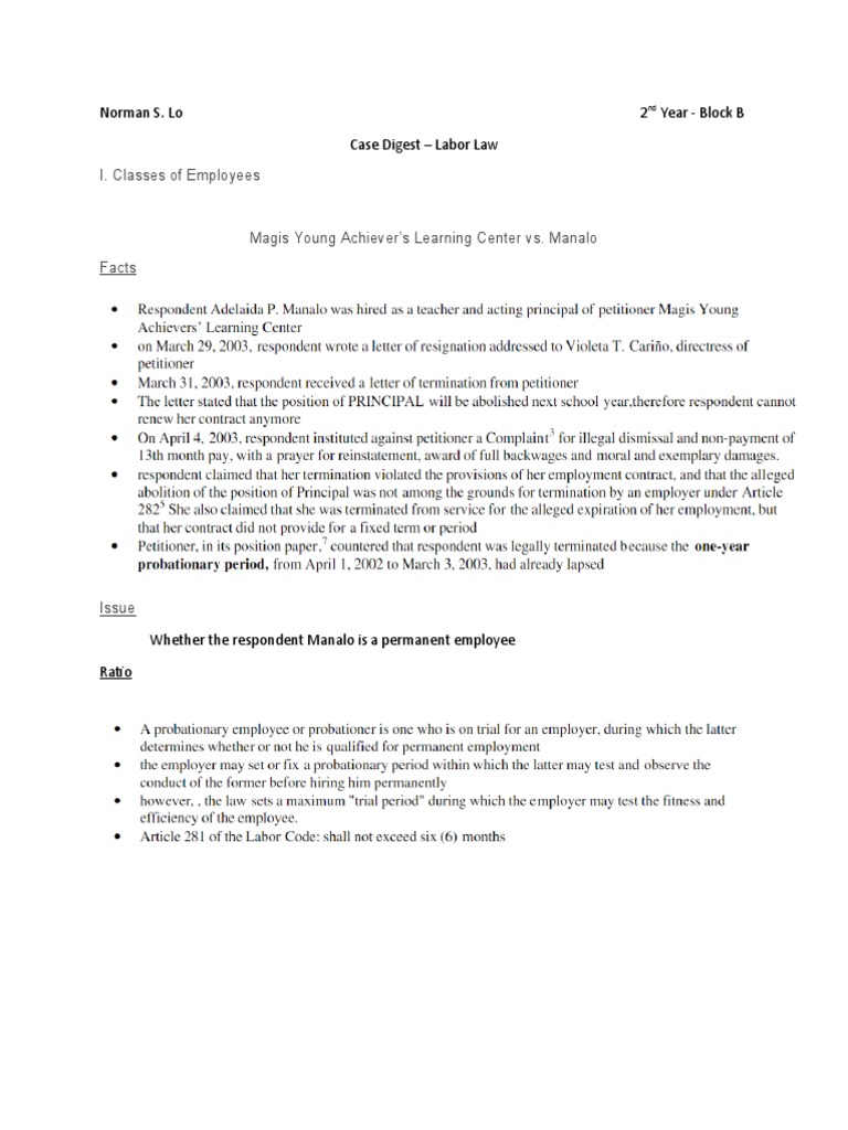 Norman S. Lo 2 Year - Block B Case Digest - Labor Law: I. Classes of ...