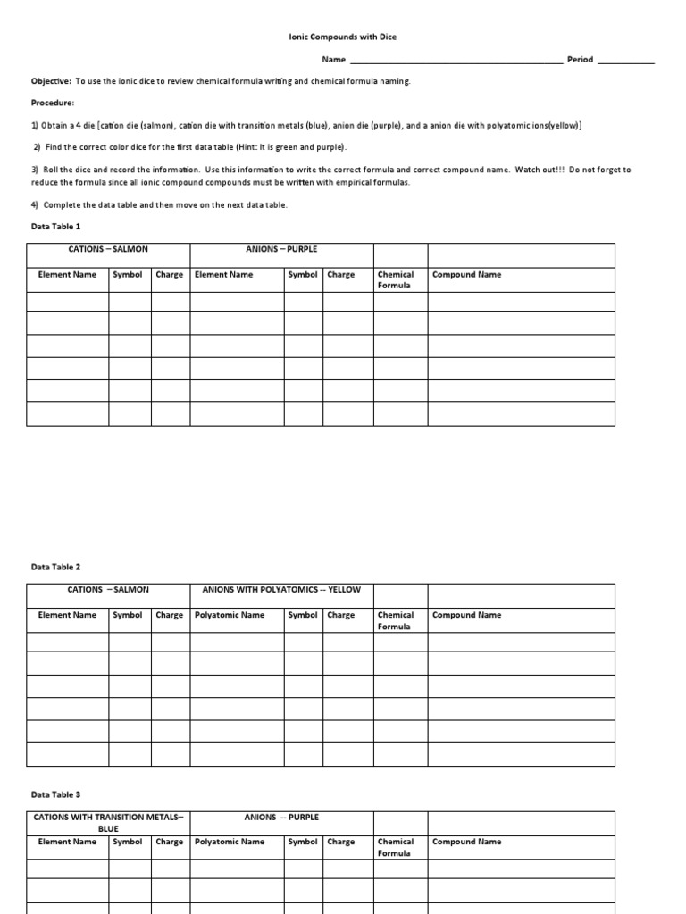 Ionic Compounds Dice Worksheet | PDF | Ion | Chemical Compounds