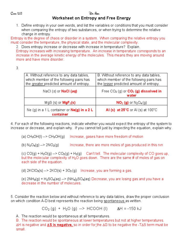 Entropy-Free Energy 01 Answers PDF | PDF | Entropy | Chemical Reactions