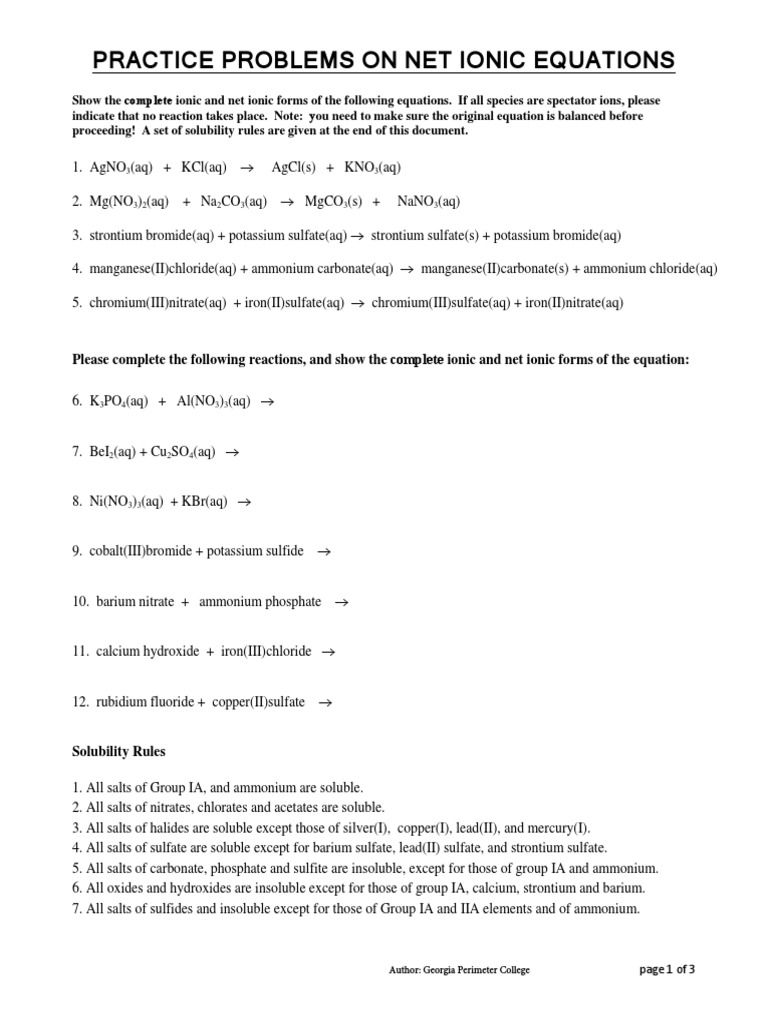 Practice Problems On Net Ionic Equations | PDF | Salt (Chemistry ...