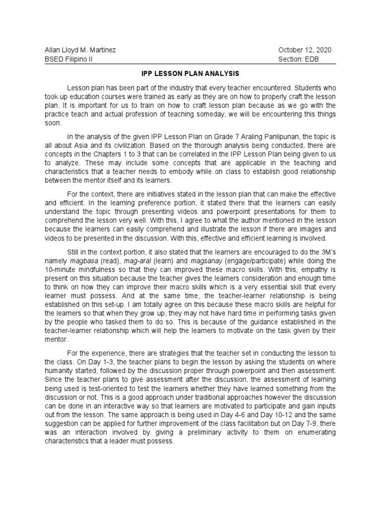 LP Analysis (Martinez) | PDF | Lesson Plan | Neuropsychology