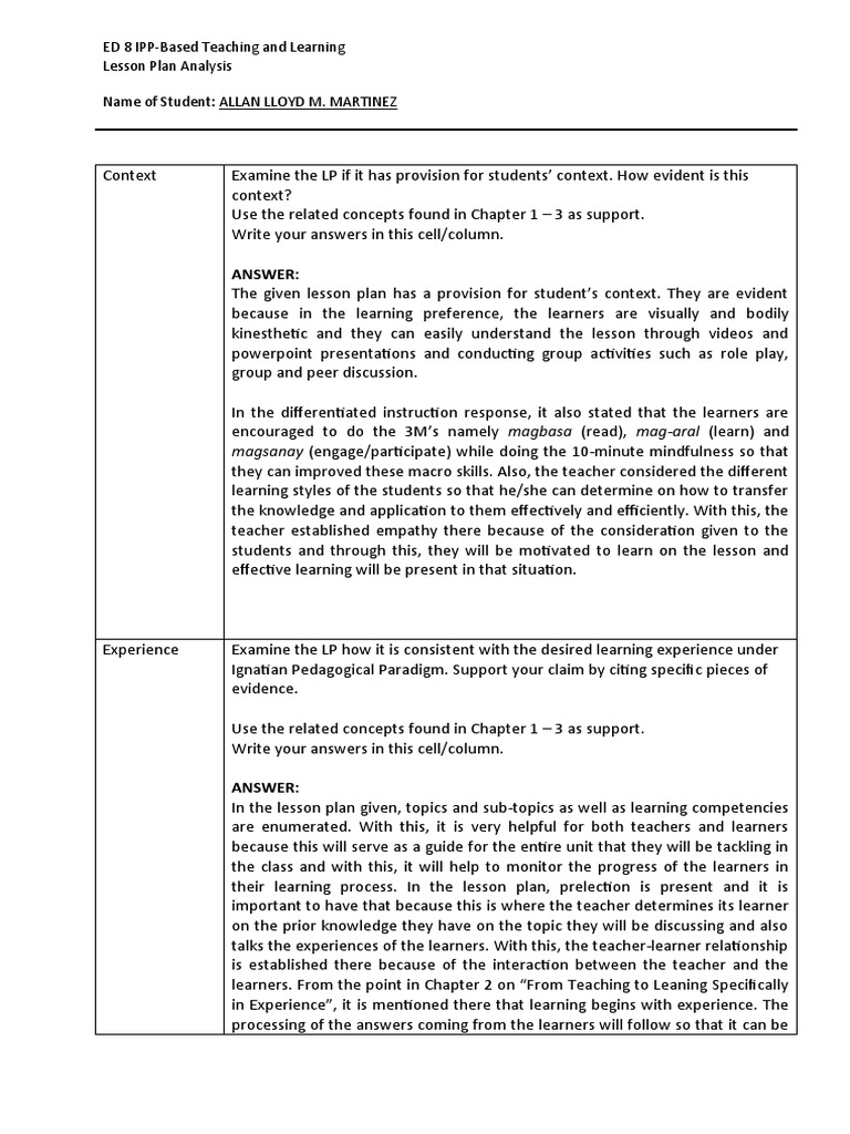 LP Analysis (Martinez - Allan Lloyd) | PDF | Lesson Plan ...