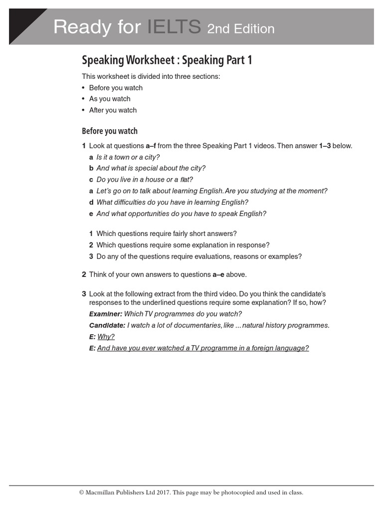 RfI Speaking Part 1 Worksheet PDF | PDF
