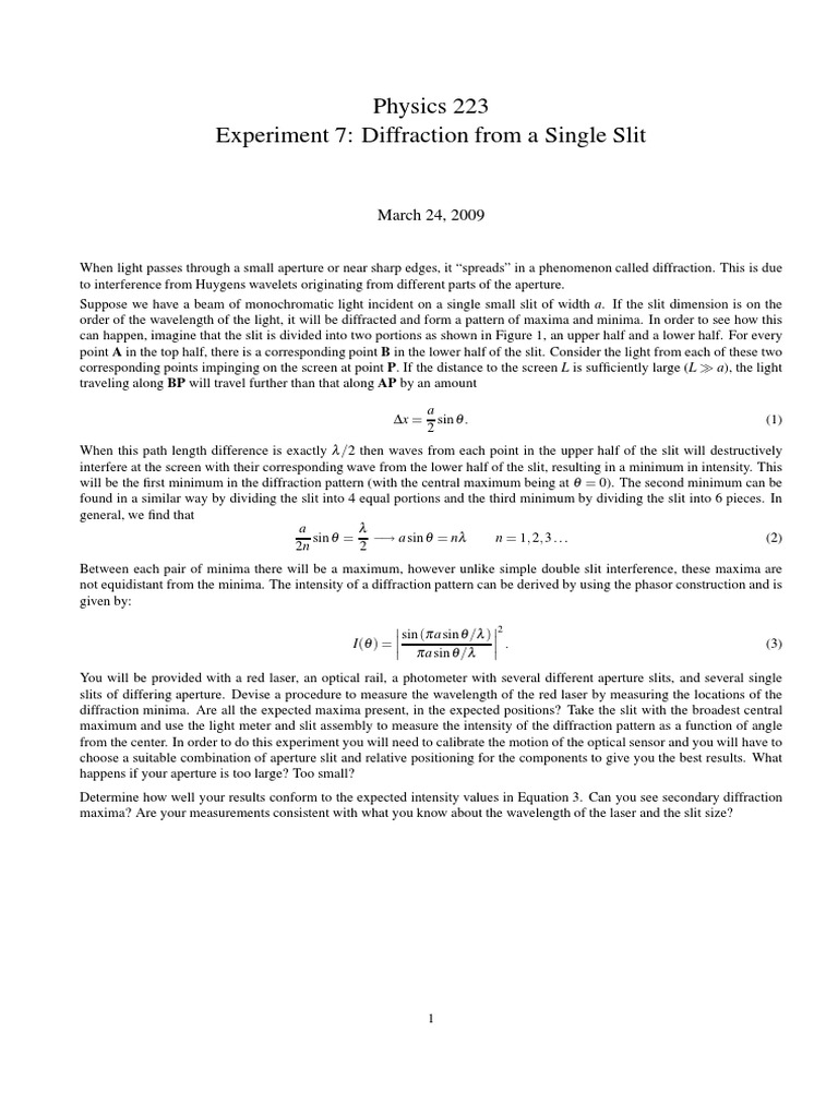 Physics 223 Experiment 7: Diffraction From A Single Slit: March 24 ...