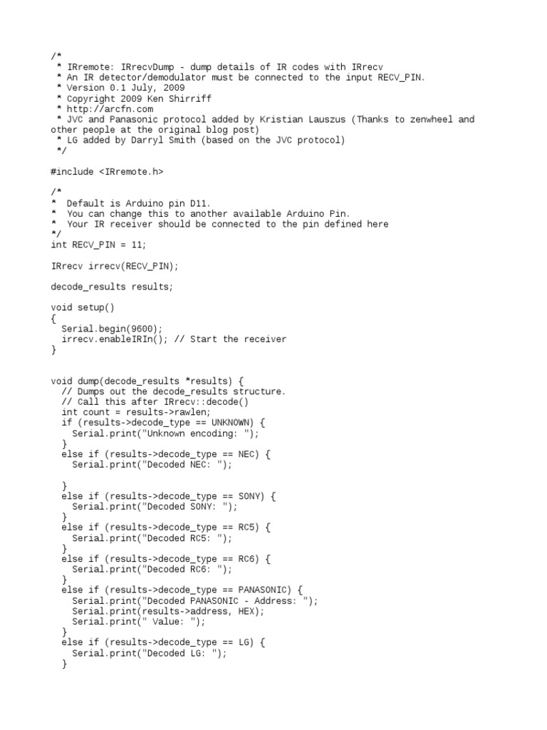 IRrecv Dump | Download Free PDF | Computer Data | Electronics