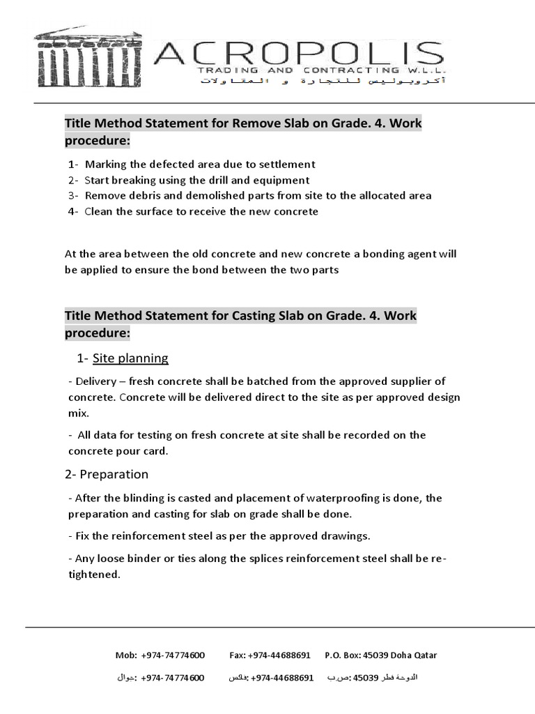 SOG Method of Statment | PDF | Concrete | Economic Sectors