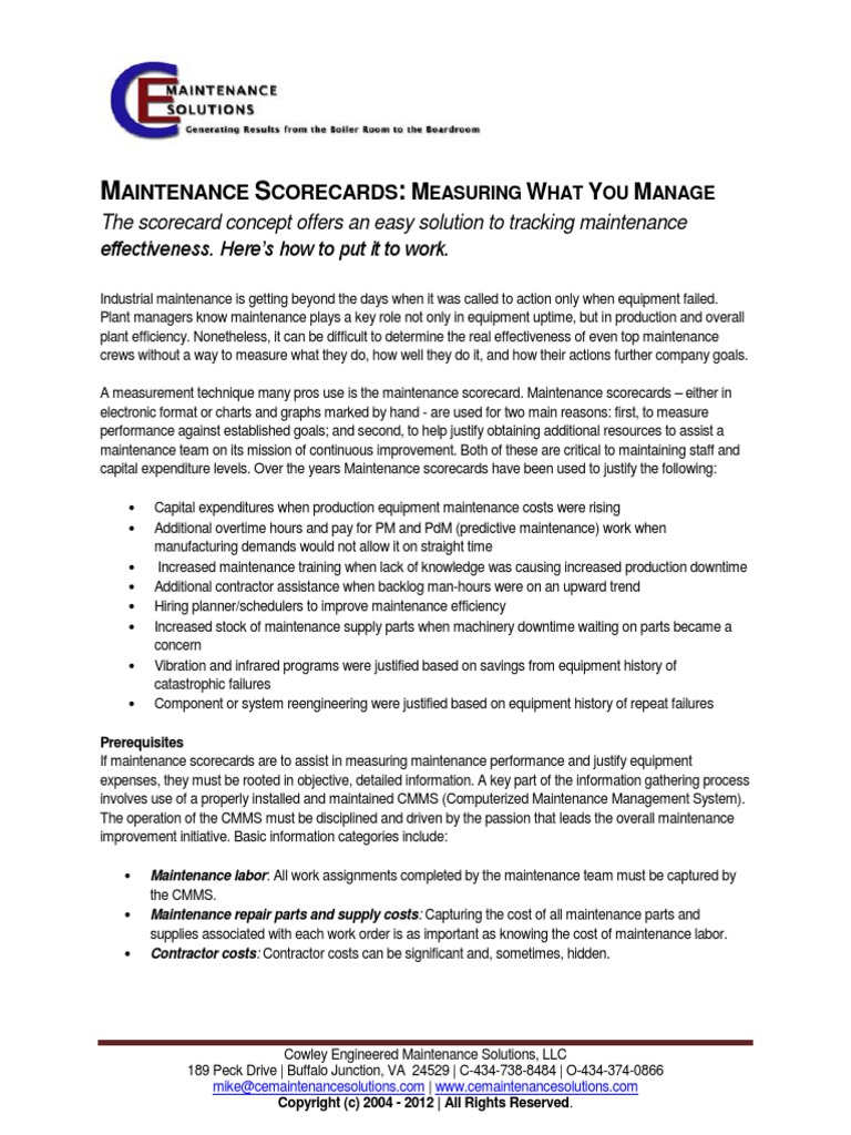 Maintenancescorecards | PDF | Systems Engineering | Economies
