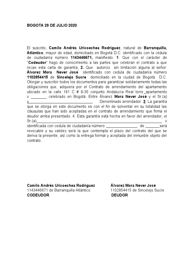 Carta Codeudor Solidario | PDF