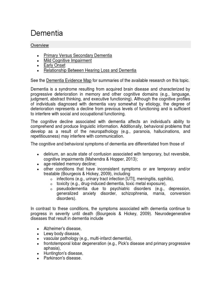 Dementia Overview: Causes, Symptoms, Diagnosis | PDF | Dementia ...