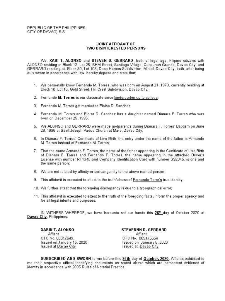 Affidavit of Two Disinterested Person 1 | PDF | Affidavit | Government ...