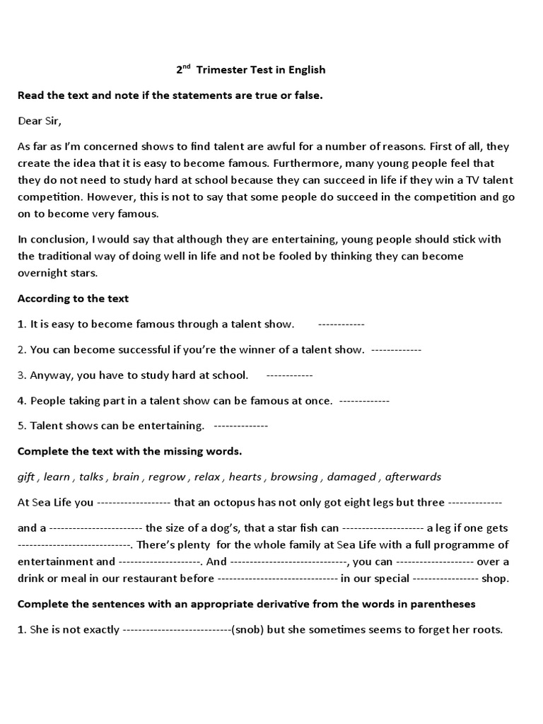 2nd Trimester Test in English | PDF | Linguistics | Grammar
