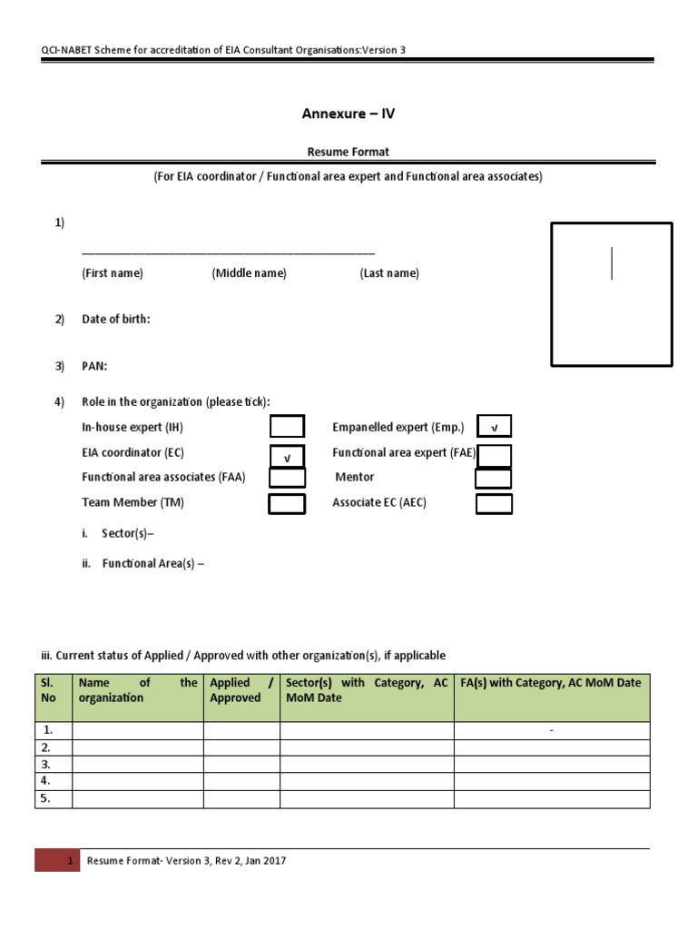 Annexure - IV: Resume Format | PDF | Environmental Impact Assessment ...