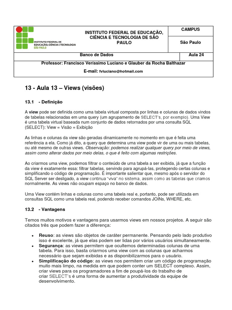 Aula 24 - Views - Visões | PDF | Tabela (banco de dados) | SQL