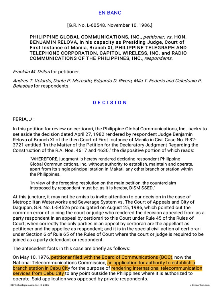 134861-1986-Philippine Global Communications Inc. v. | PDF | Statutory ...
