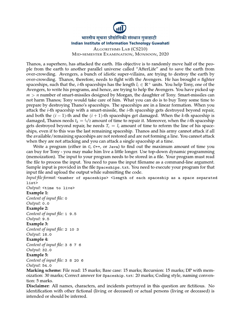 Midsem Question Paper - Algorithms Lab PDF | PDF | Text File | Computer File